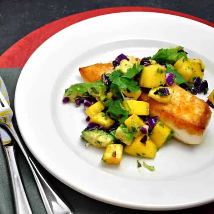 Pan Seared Halibut with Mango-Avocado Salsa - Pinch and Swirl