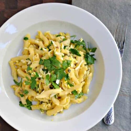 Torchiette Pasta with Eggs and Capers - Pinch and Swirl