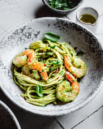 Shrimp Pesto Pasta Recipe | 30-Minute Weeknight Dinner - Pinch and Swirl